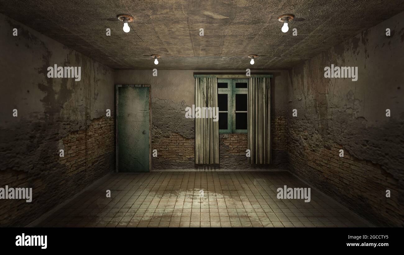 The interior design of horror and creepy damage empty room., 3D ...