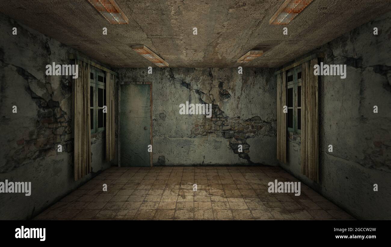 The interior design of horror and creepy damage empty room., 3D ...