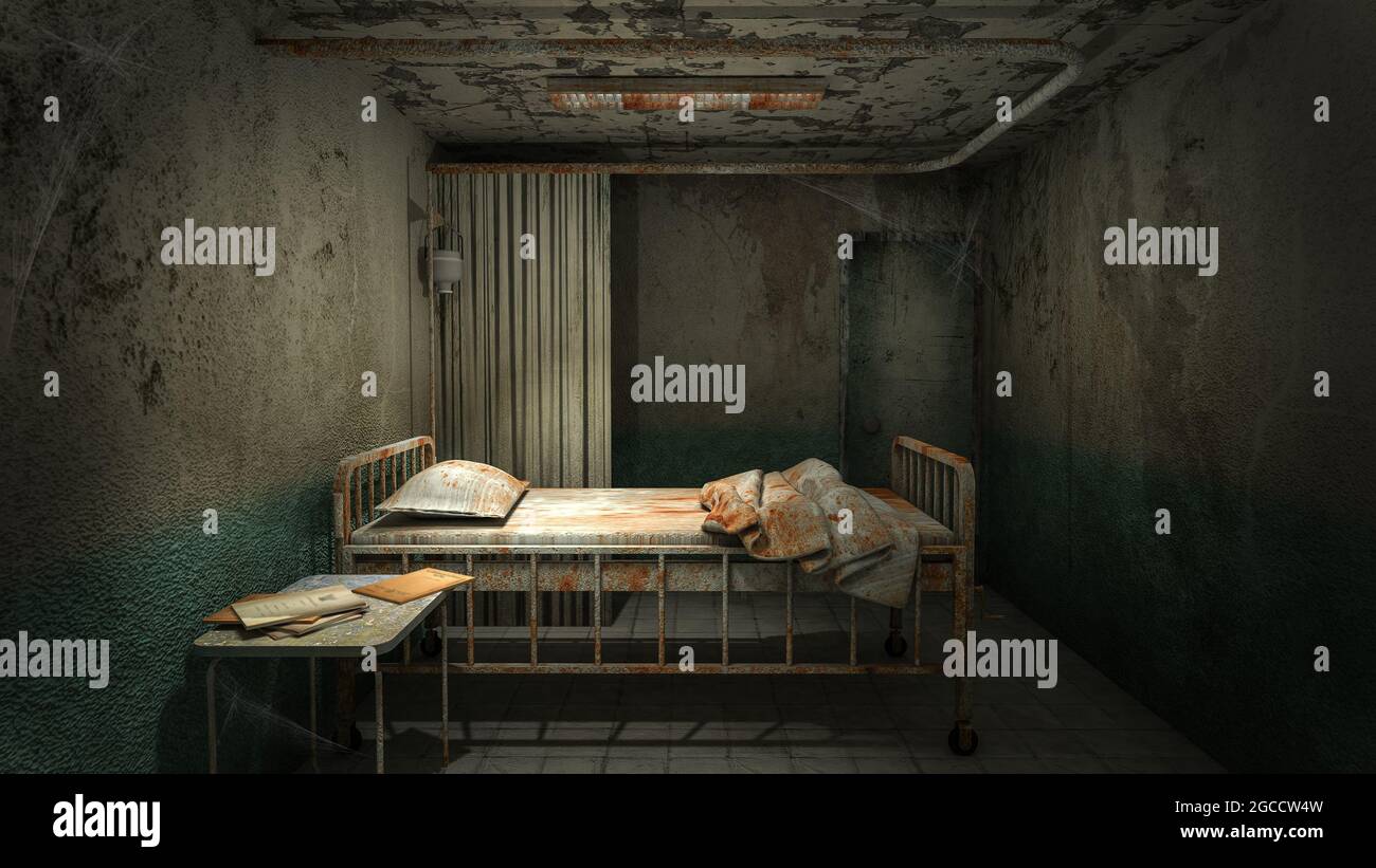 horror and creepy ward room in the hospital with blood .3D rendering ...