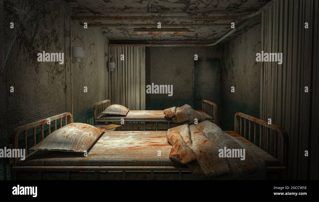 horror and creepy ward room in the hospital with blood .3D rendering ...