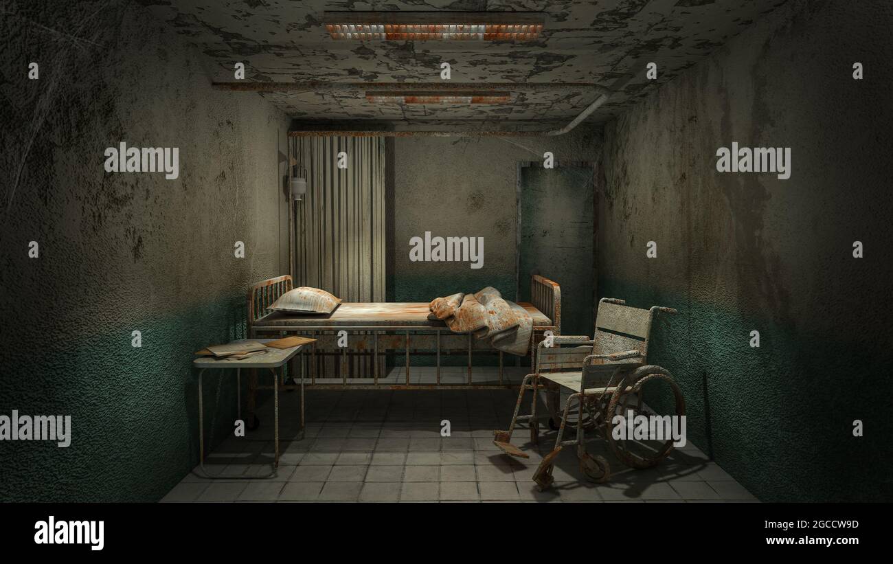 horror and creepy ward room in the hospital with blood .3D rendering ...