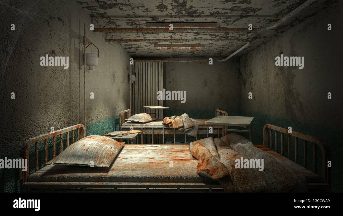 horror and creepy ward room in the hospital with blood .3D rendering ...