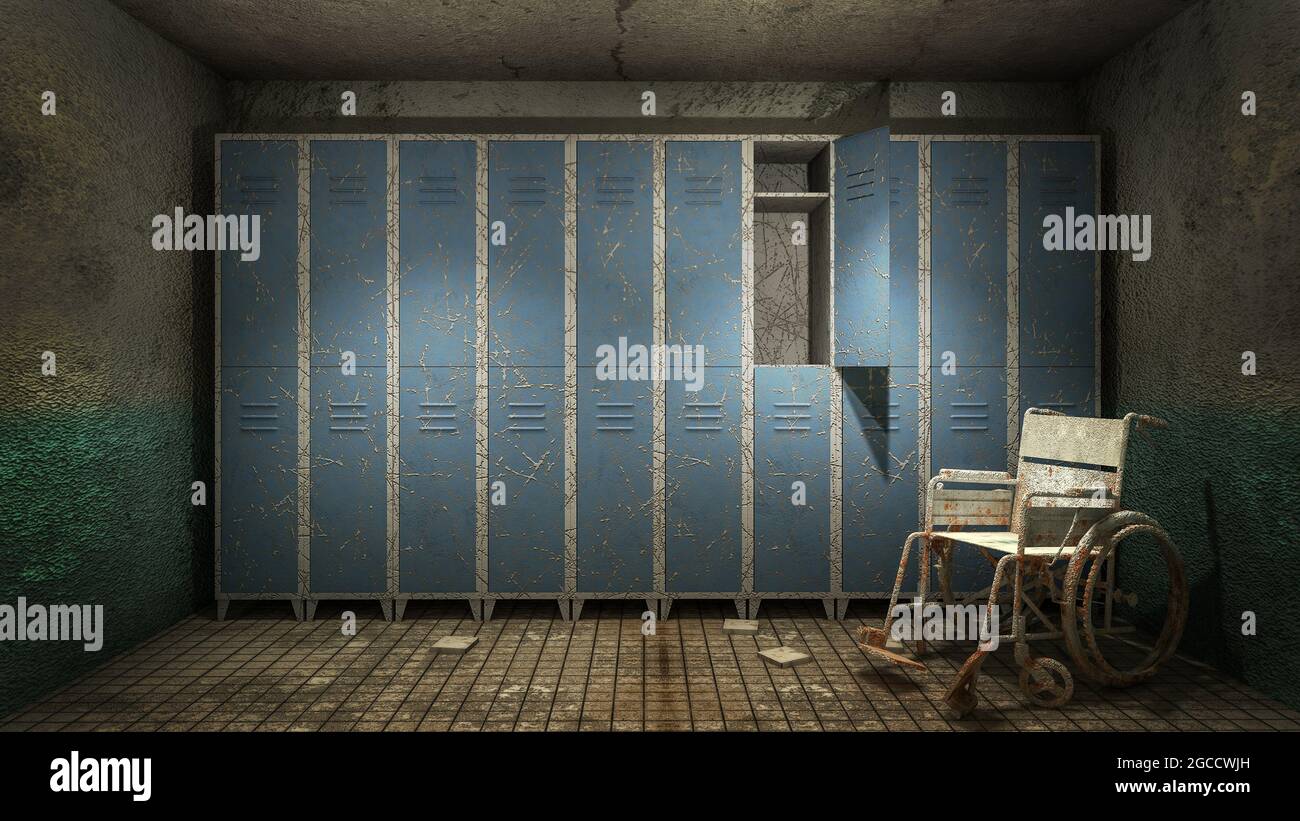 horror and creepy Locker room in the hospital with blood .3D rendering ...
