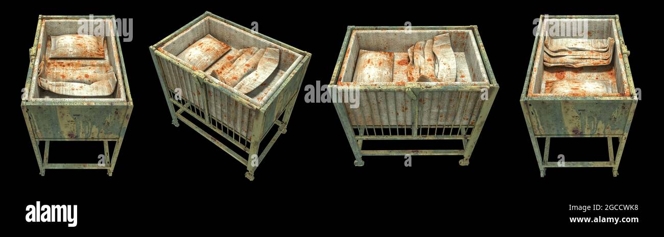 horror creepy and damage Baby cot isolated over black background with ...