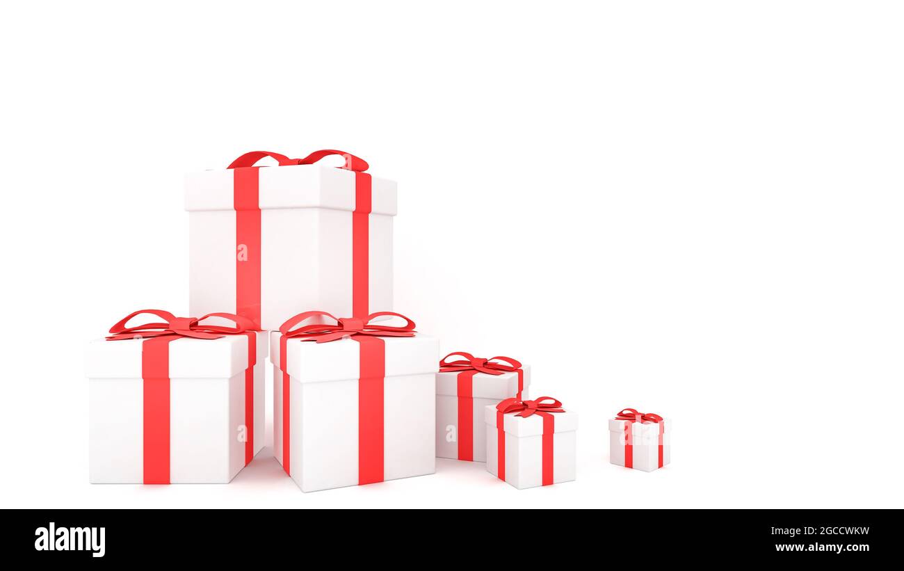 Decorative gift boxes with red bows and ribbons with white background ...