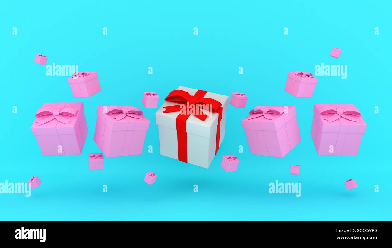 White gift box with red ribbon among many pink gift box floating on ...
