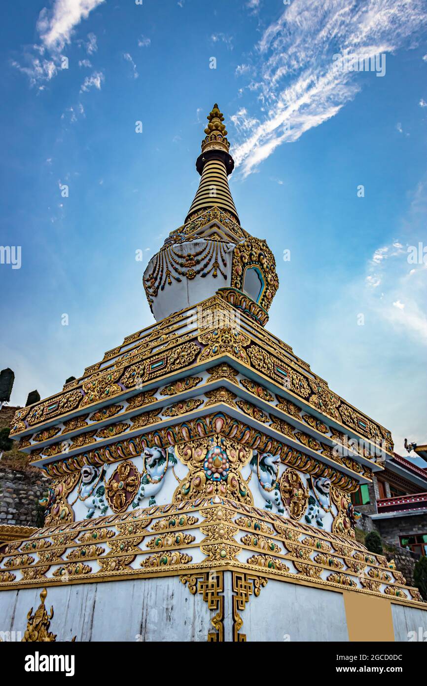 buddhist stupa with bright blue sky at morning from low angle image is ...