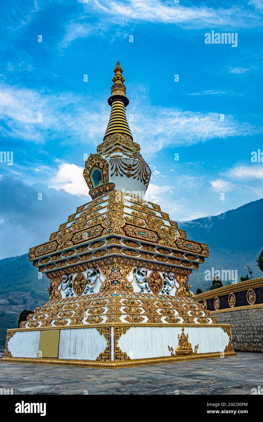buddhist stupa with bright blue sky at morning from low angle image is ...