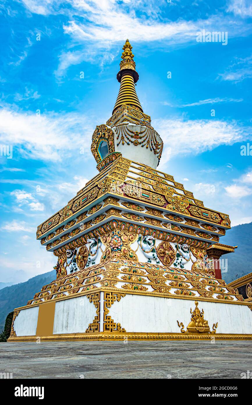 buddhist stupa with bright blue sky at morning from low angle image is ...