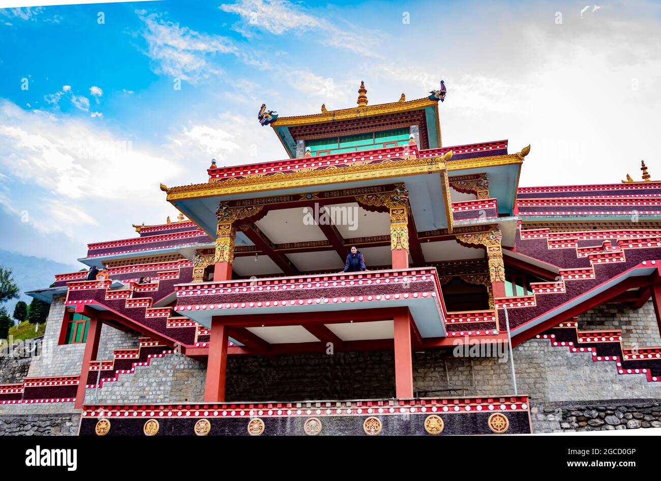 buddhist monastery with bright blue sky at morning from low angle image ...