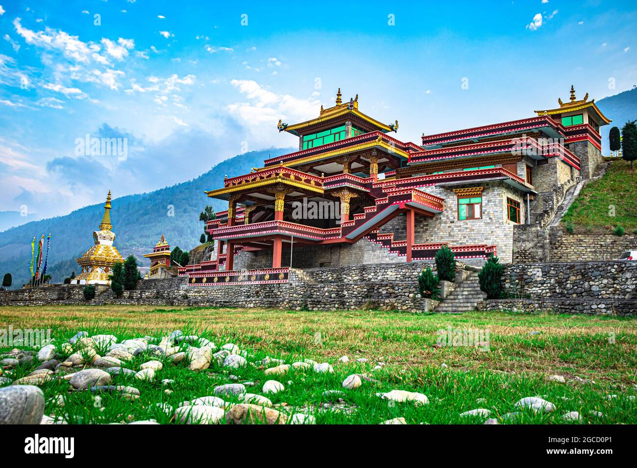 beautiful buddhist monastery architecture design at morning from low ...