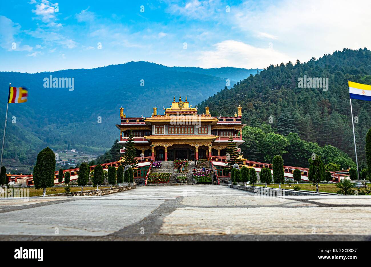 beautiful buddhist monastery at himalayan mountain foothills at morning ...