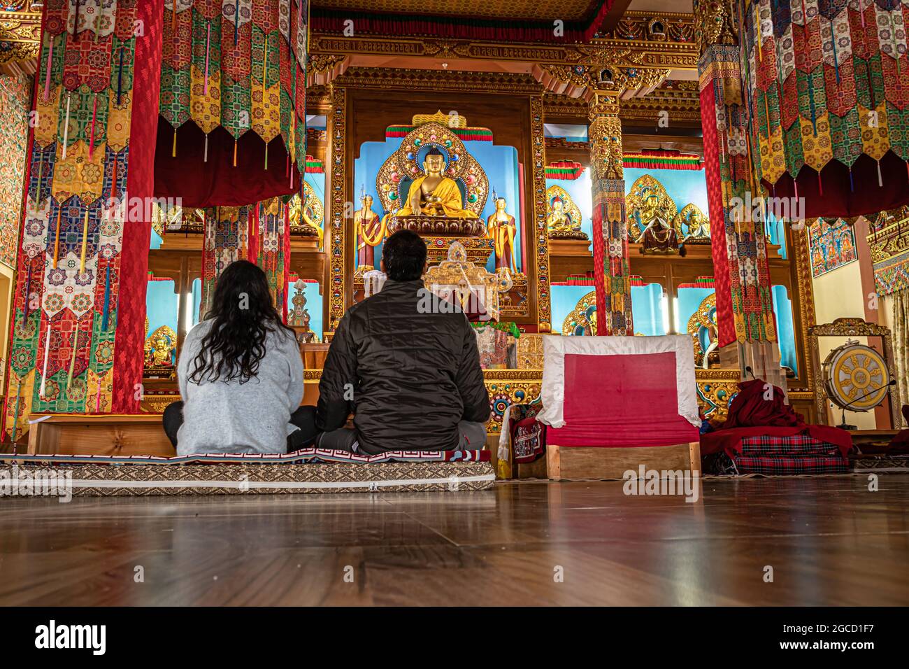 couple meditating isolated inside buddhist monastery at morning from ...