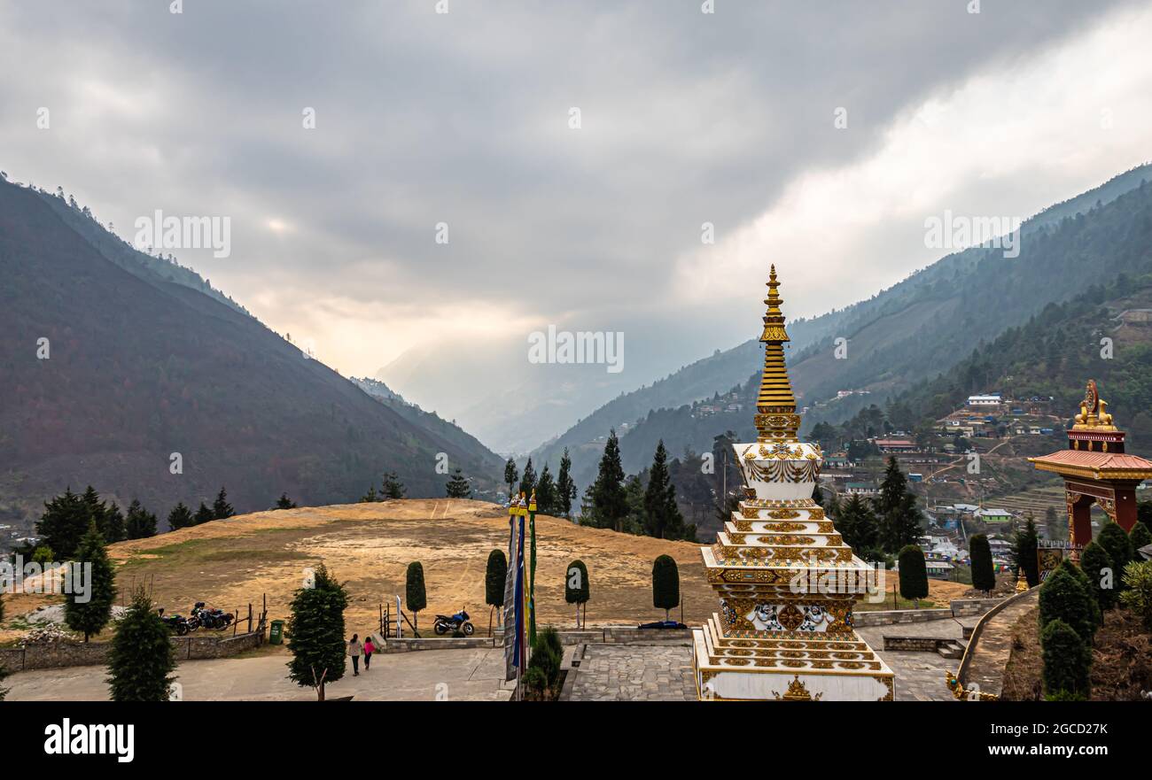 Buddhist stupa with himalayan mountain background at morning from top ...