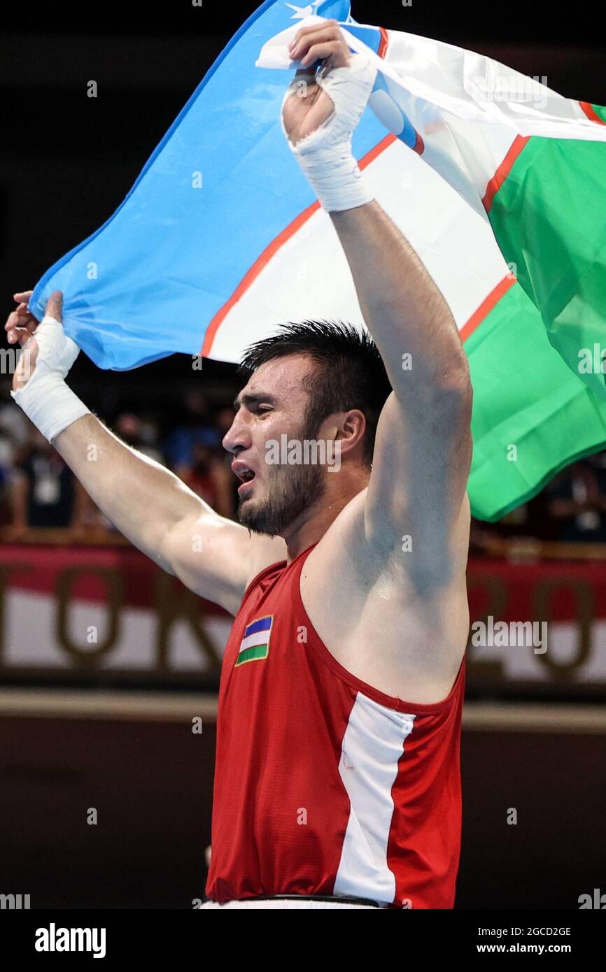 Tokyo, Japan. 8th Aug, 2021. Bakhodir Jalolov of Uzbekistan celebrates ...