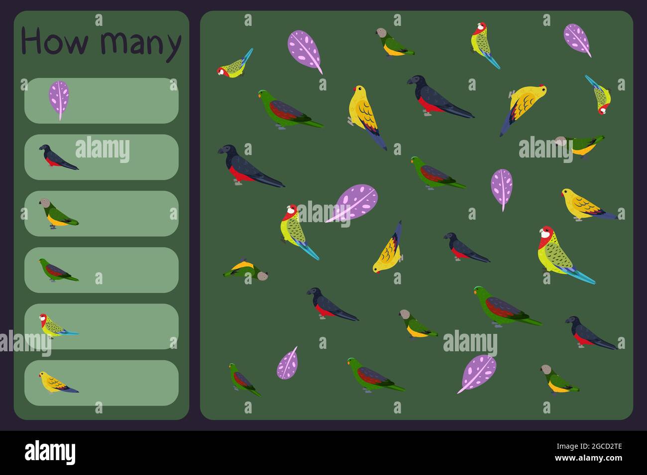 Kids mathematical mini game - count how many parrots and tropical ...