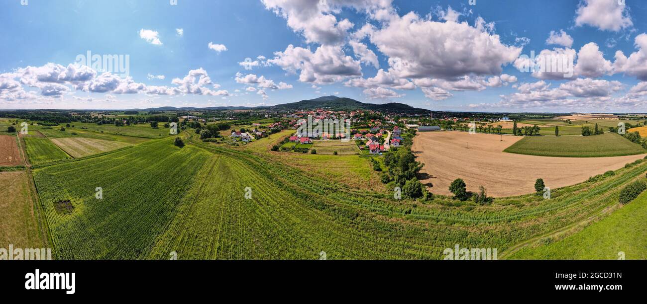 Aerial view of agricultural and green fields in countryside. Nature ...