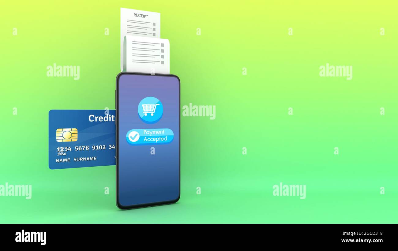 Insert credit card to a phone printing paper receipt., Mobile payment ...
