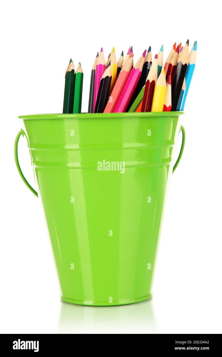 Color bucket with multicolor pencils, isolated on white Stock Photo - Alamy
