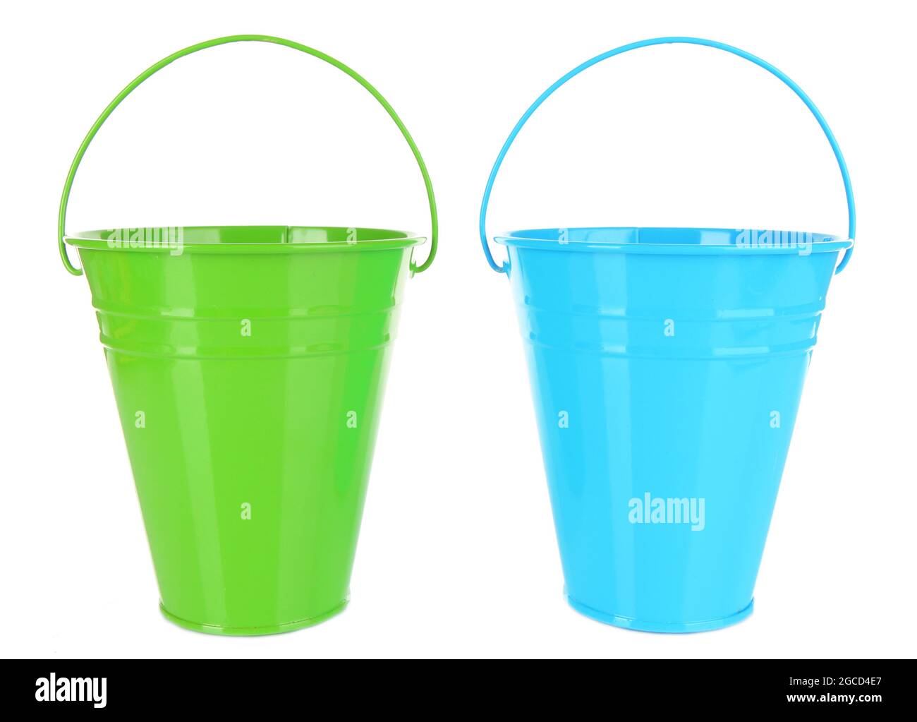 Empty color buckets, isolated on white Stock Photo - Alamy
