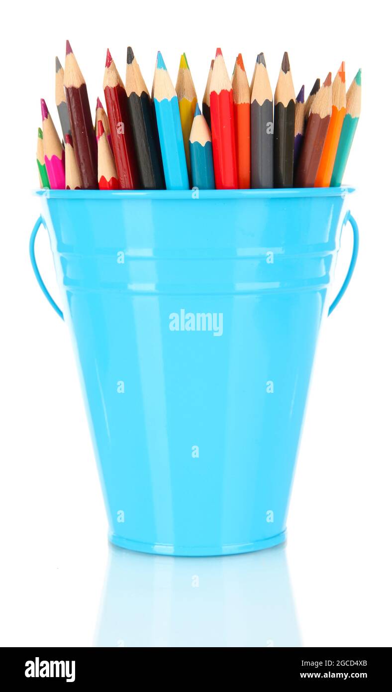 Color bucket with multicolor pencils, isolated on white Stock Photo - Alamy