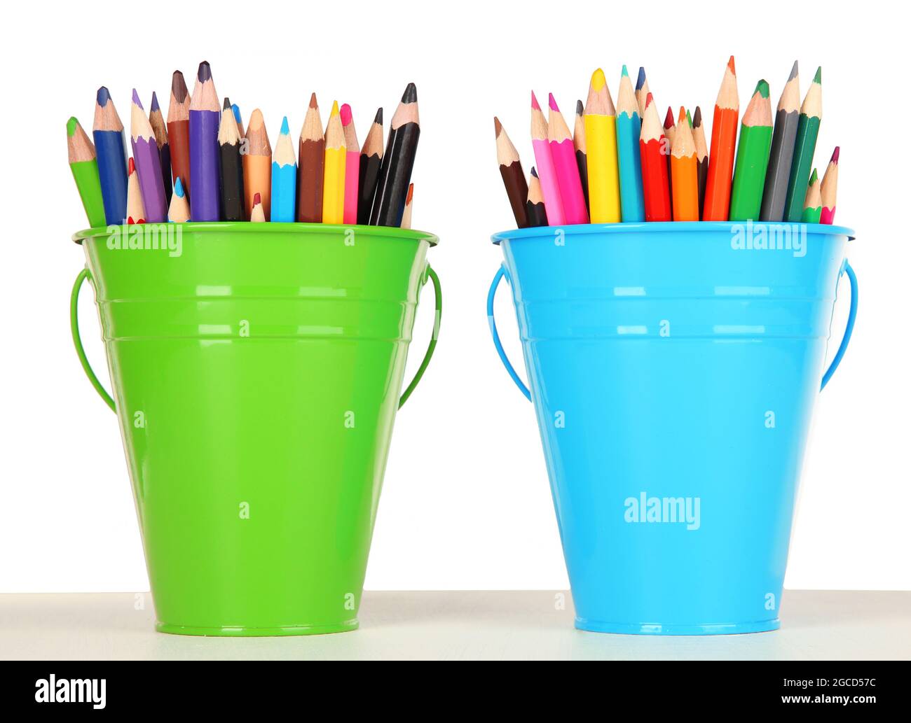 Color buckets with multicolor pencils, on color background Stock Photo ...