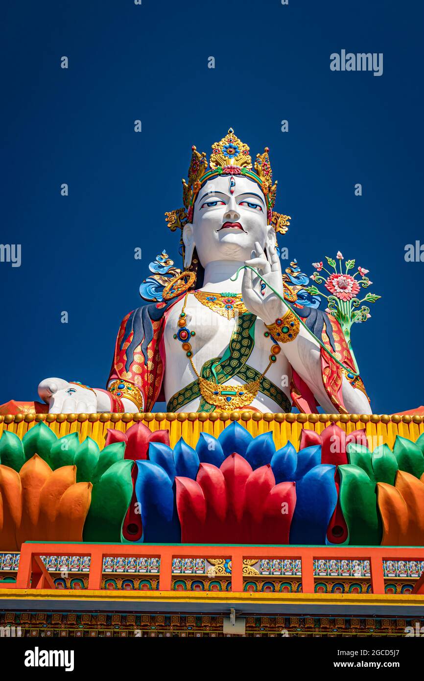 buddhist colorful goddess statue with flat blue sky at morning image is ...