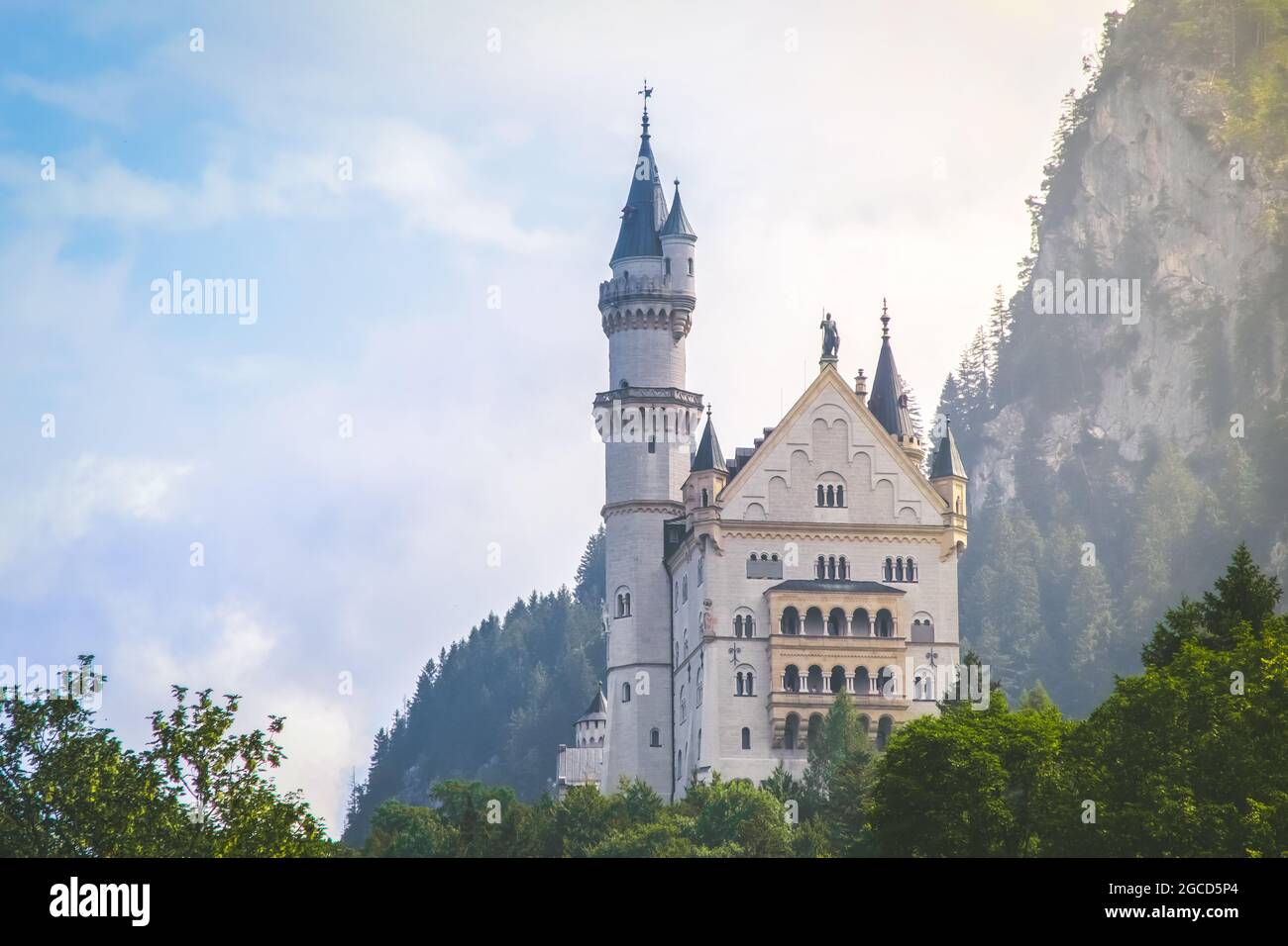 Front view Neuschwanstein castle in summer landscape near Munich in ...