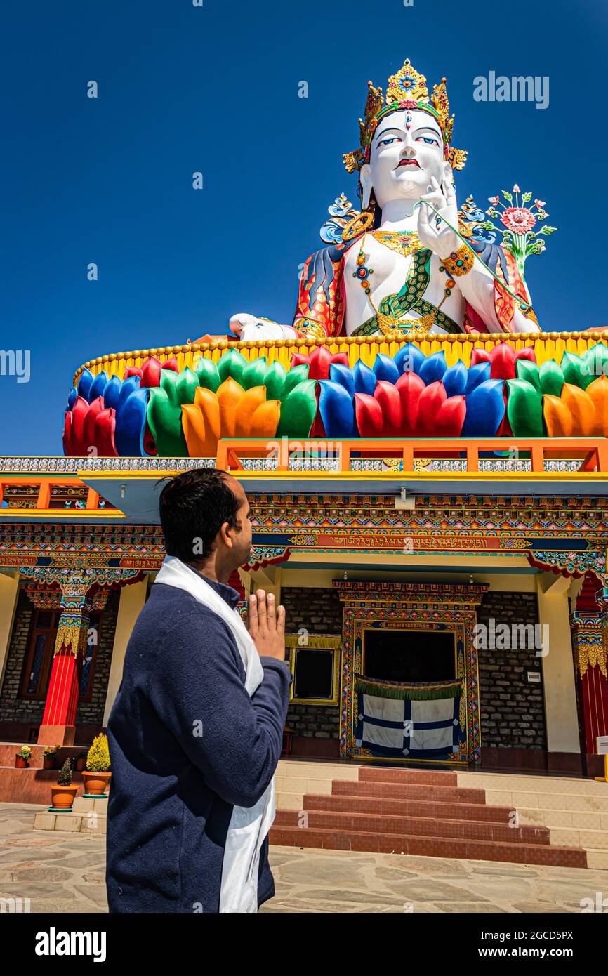 young man praying in front of buddhist colorful goddess statue with ...