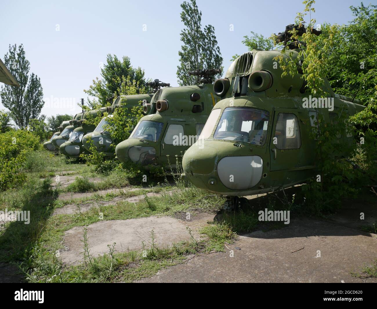 Old military abandoned helicopter. Broken non-working helicopter green ...