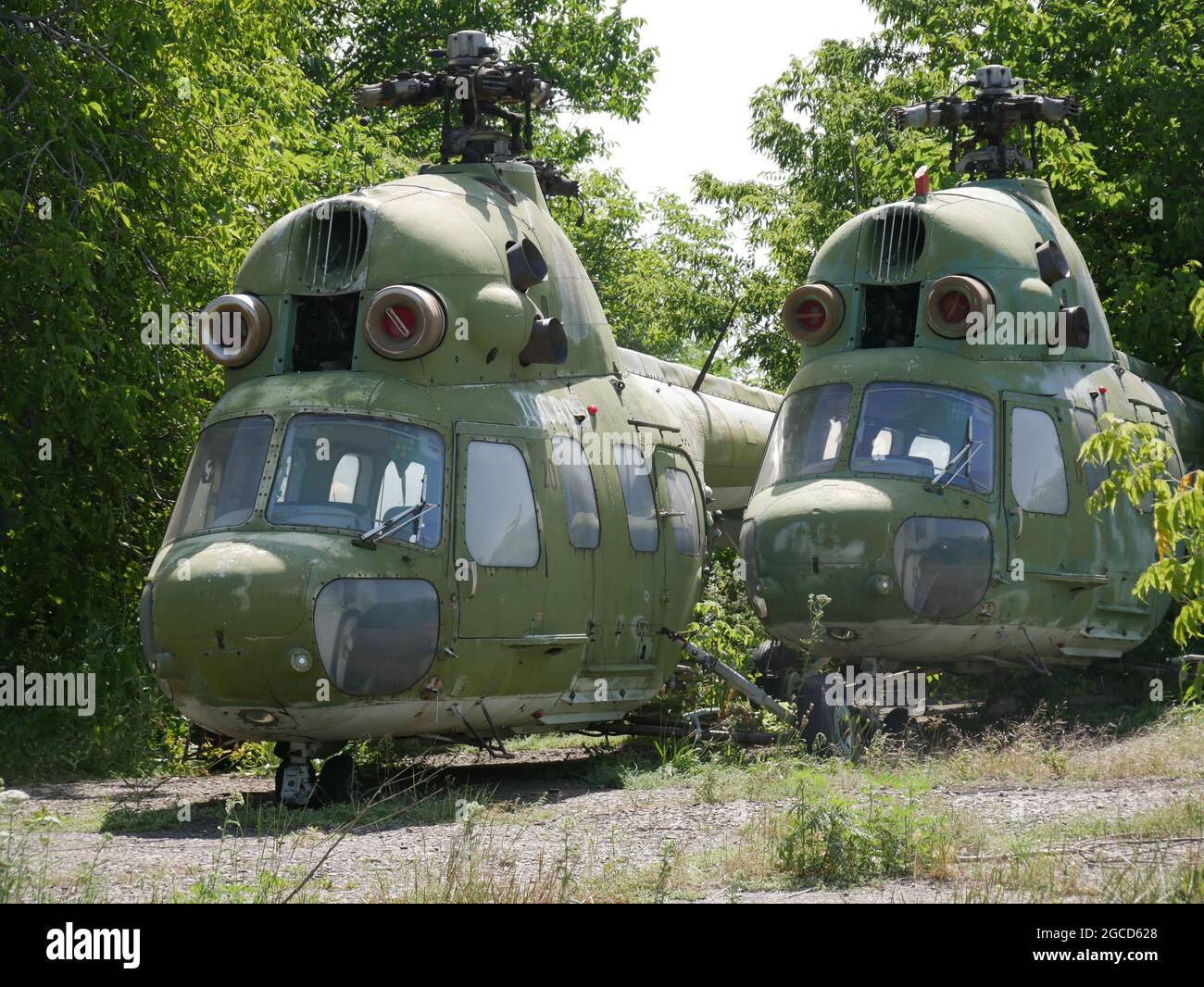 Old military abandoned helicopter. Broken non-working helicopter green ...