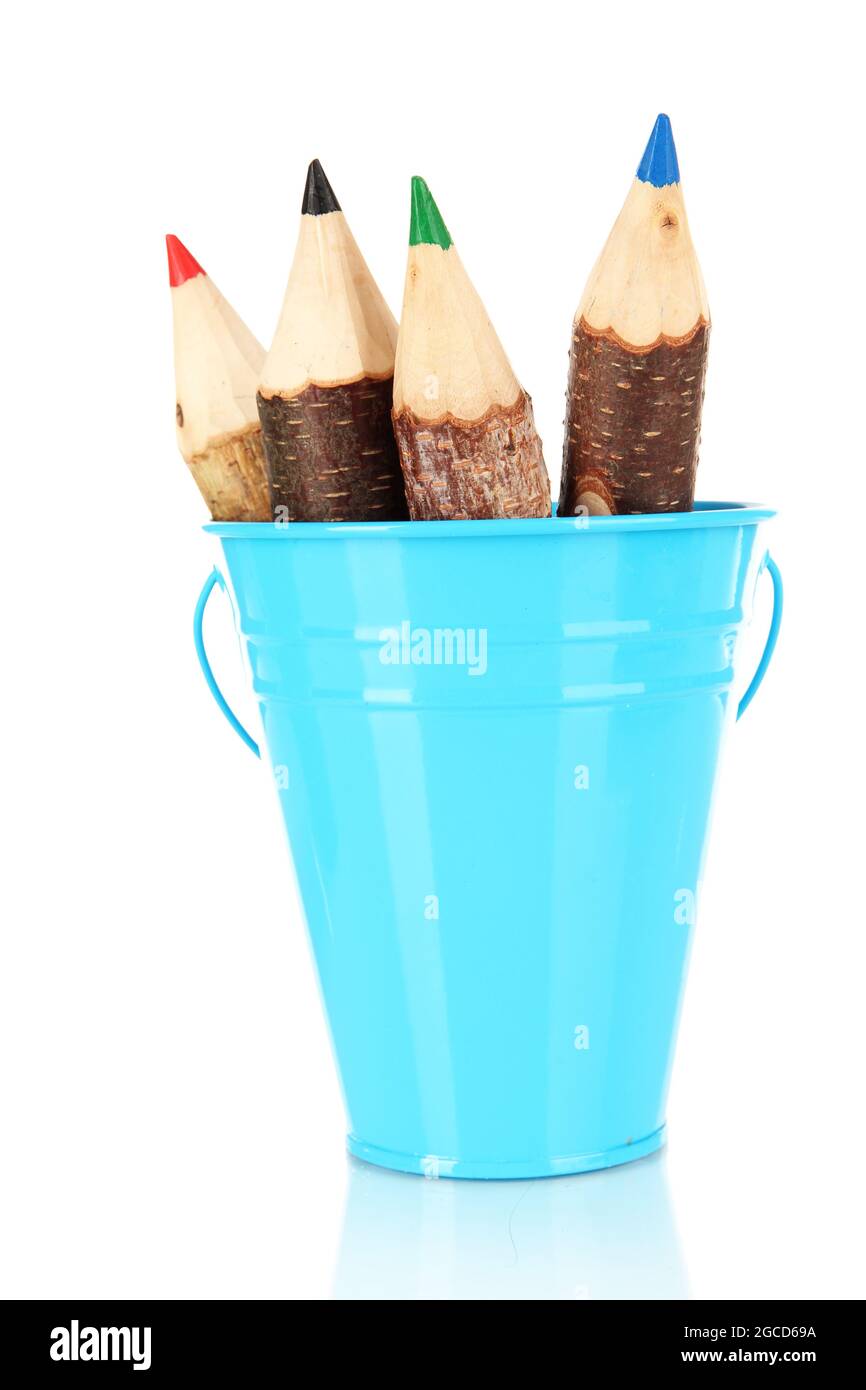 Color bucket with multicolor pencils, isolated on white Stock Photo - Alamy