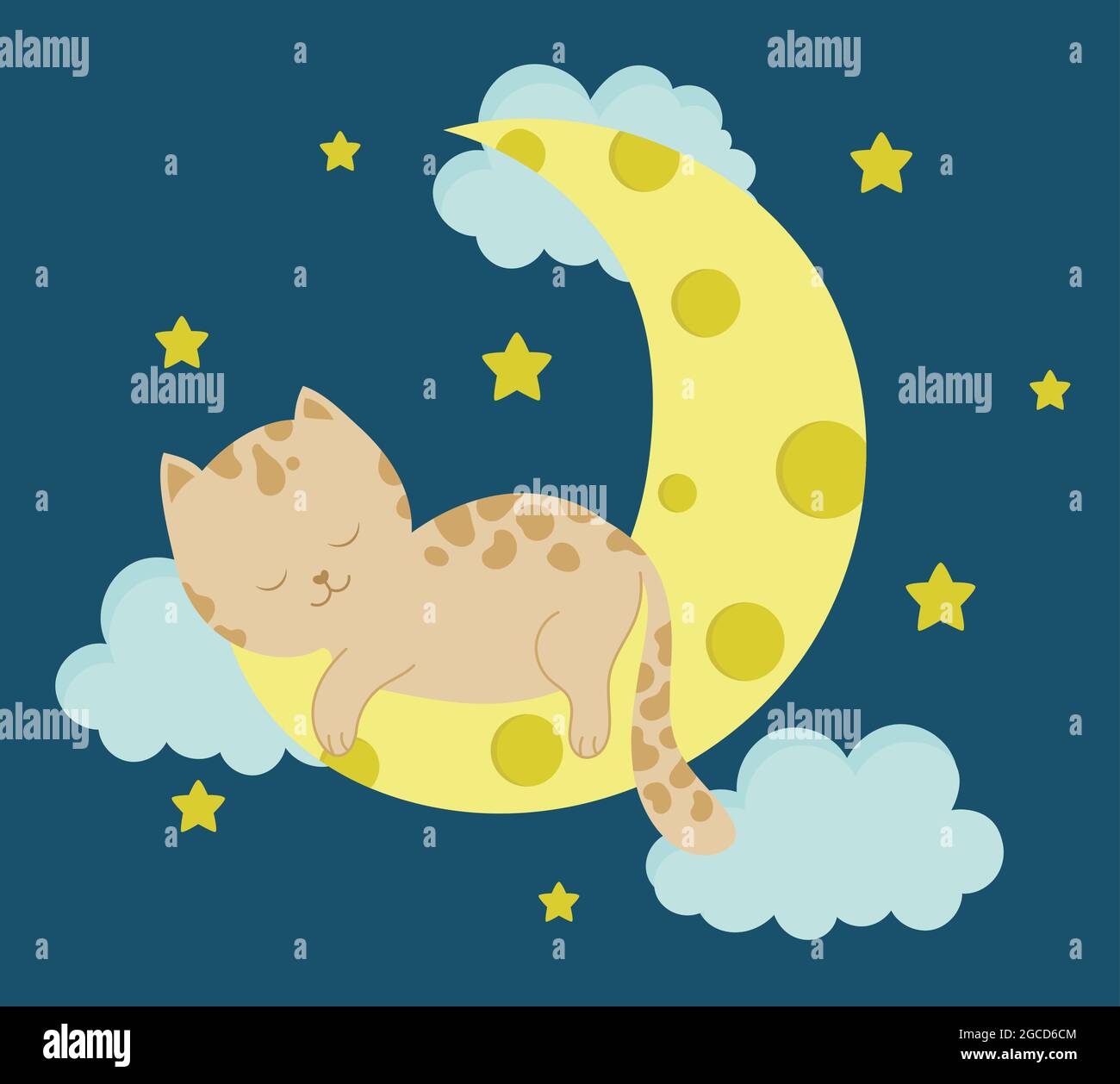 Cute cat sleeping on the moon. Baby animal concept illustration for ...
