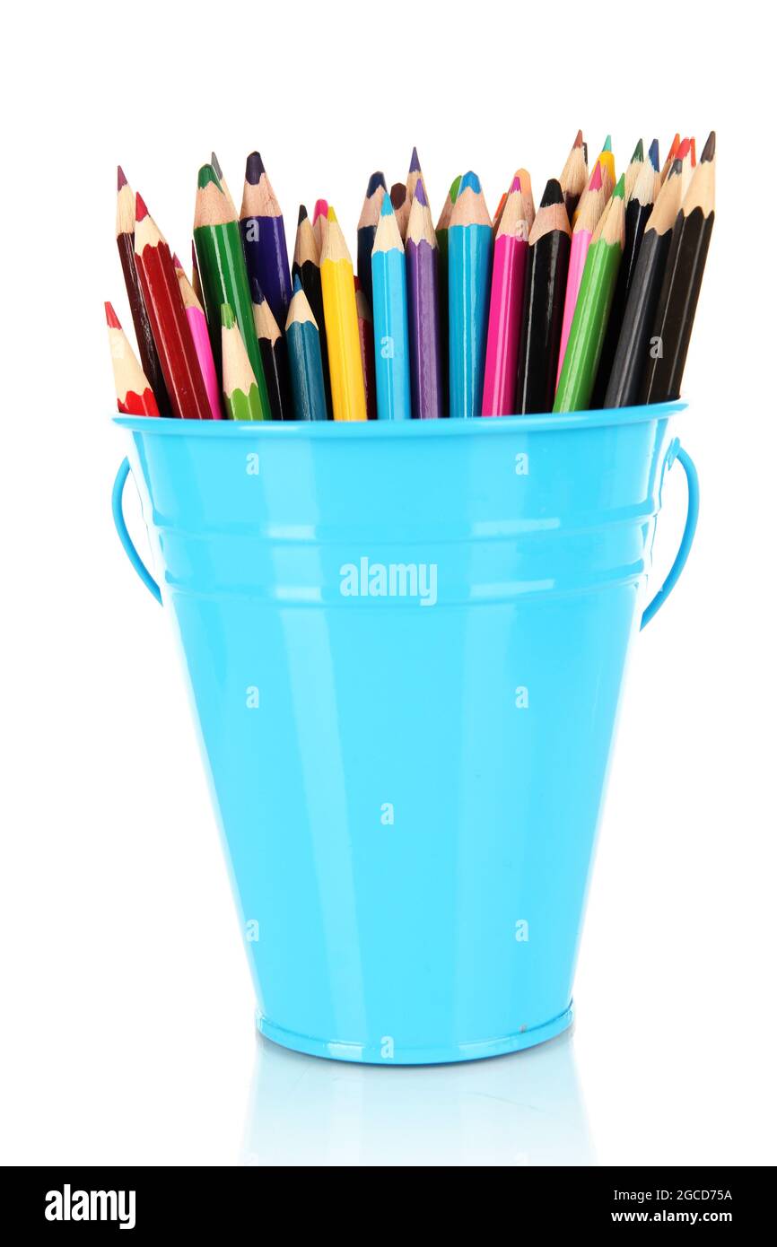 Color bucket with multicolor pencils, isolated on white Stock Photo - Alamy