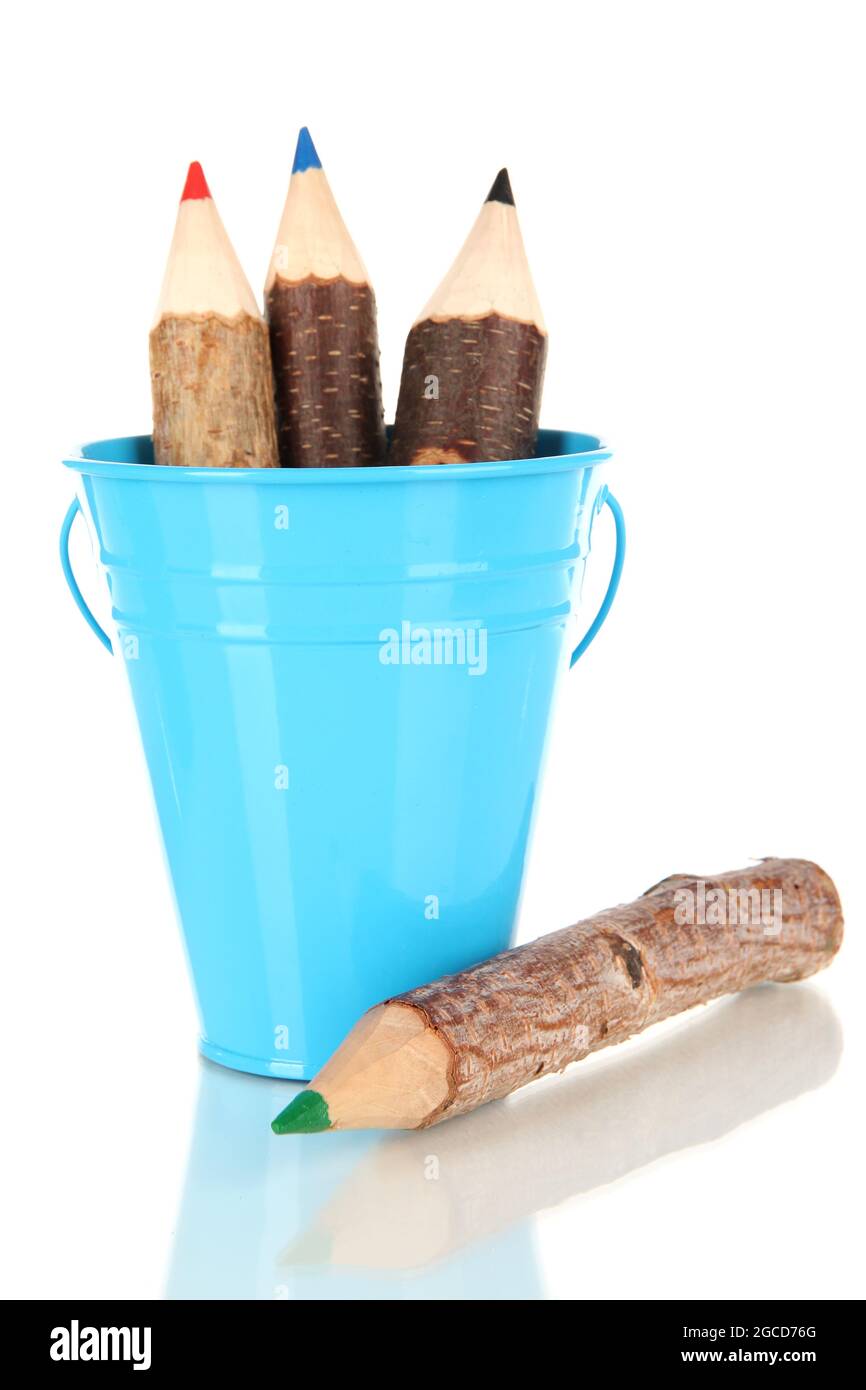 Color bucket with multicolor pencils, isolated on white Stock Photo - Alamy