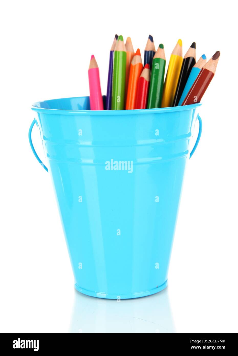 Color bucket with multicolor pencils, isolated on white Stock Photo - Alamy