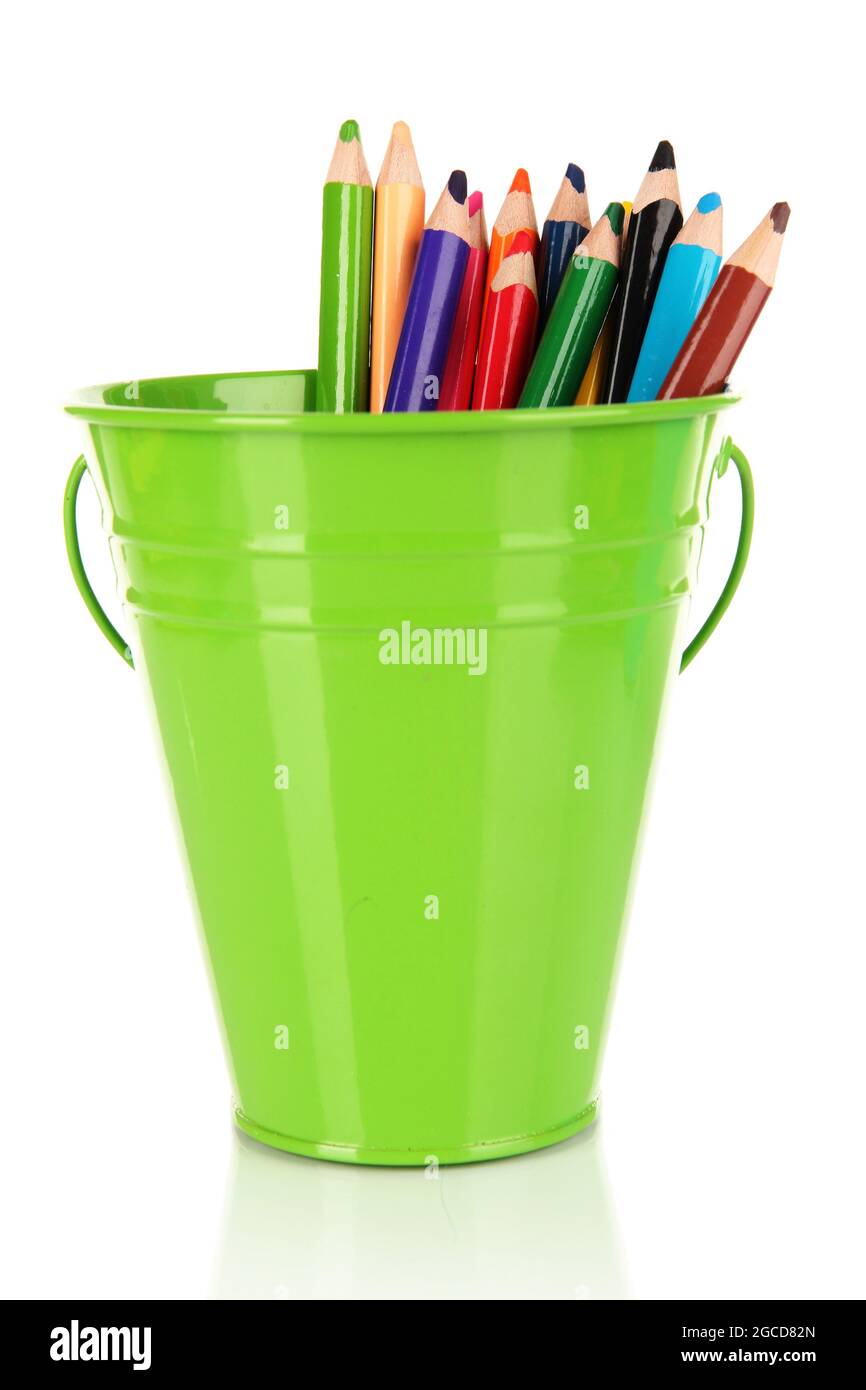 Color bucket with multicolor pencils, isolated on white Stock Photo - Alamy