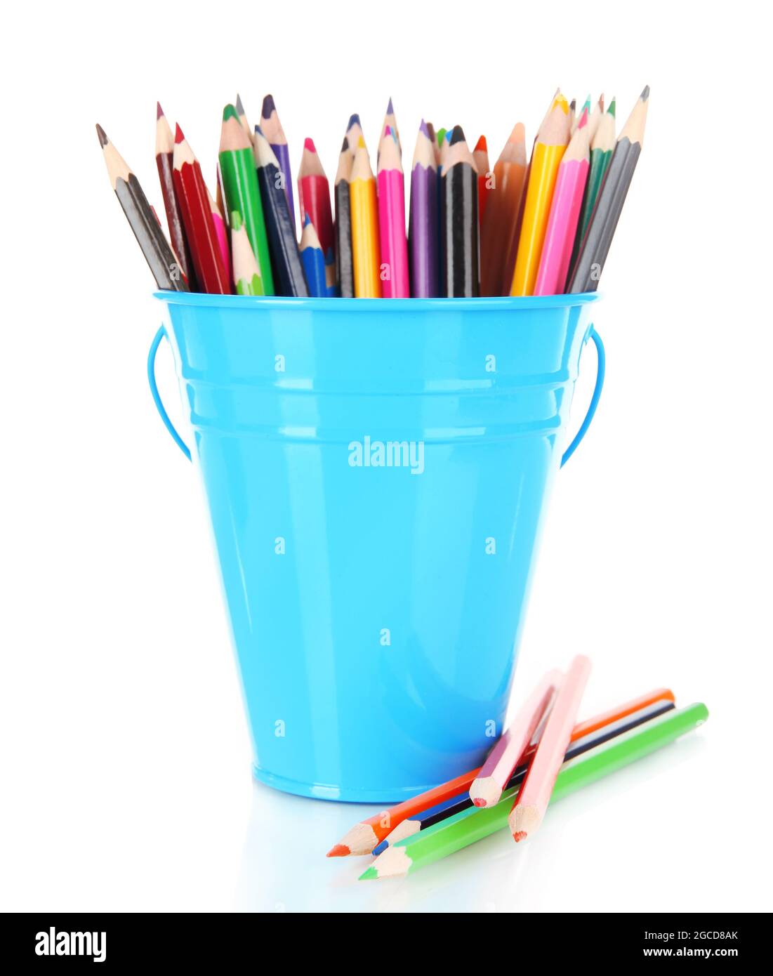 Color bucket with multicolor pencils, isolated on white Stock Photo - Alamy