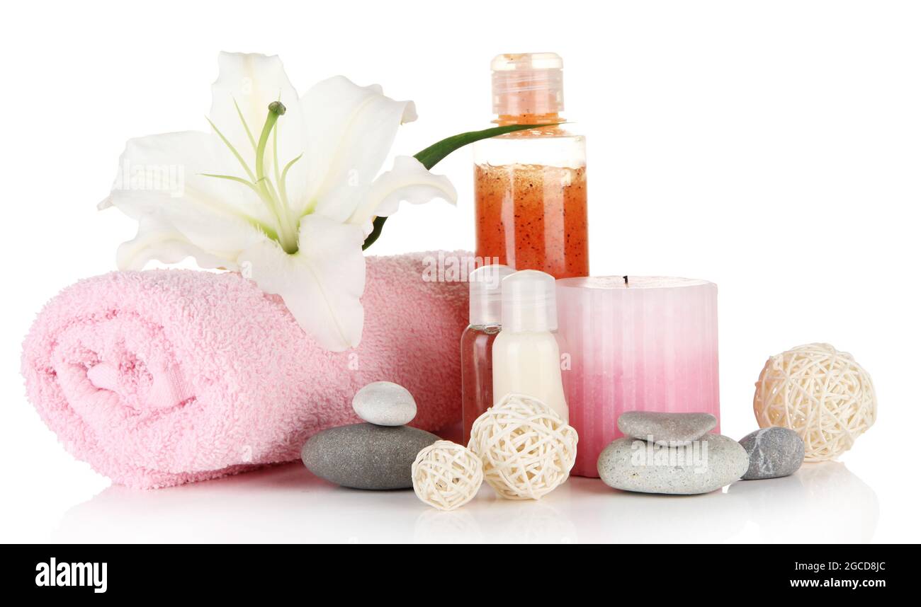 Beautiful spa setting with lily isolated on white Stock Photo - Alamy