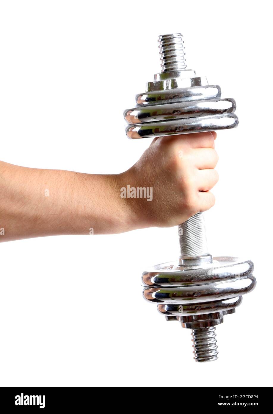 Sportsman hand with dumbbell, isolated on white Stock Photo - Alamy