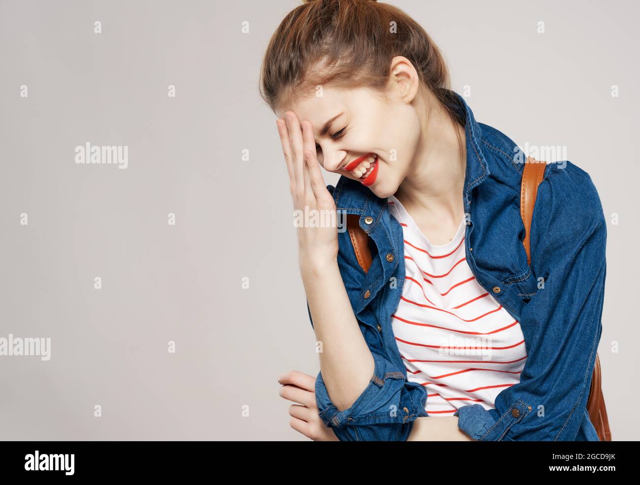 emotional woman with backpack studio isolated background fashion Stock ...
