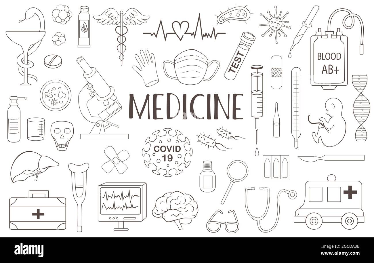 Set of medical and health care doodles on a white background Stock ...