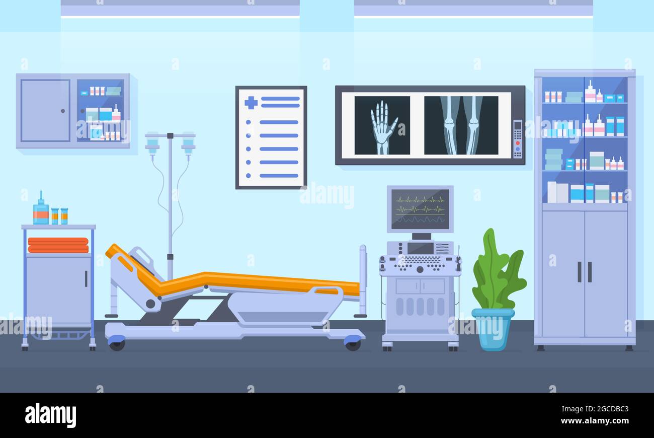 Medical therapy hospital healthcare equipment room interior. Intensive ...