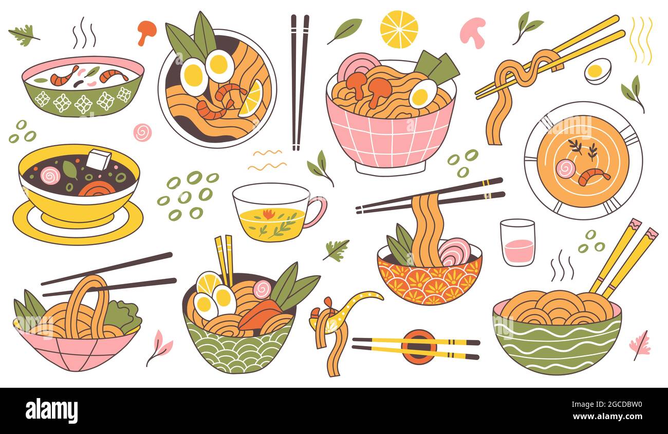 Doodle ramen noodles traditional asian food bowls. Japanese cuisine ...