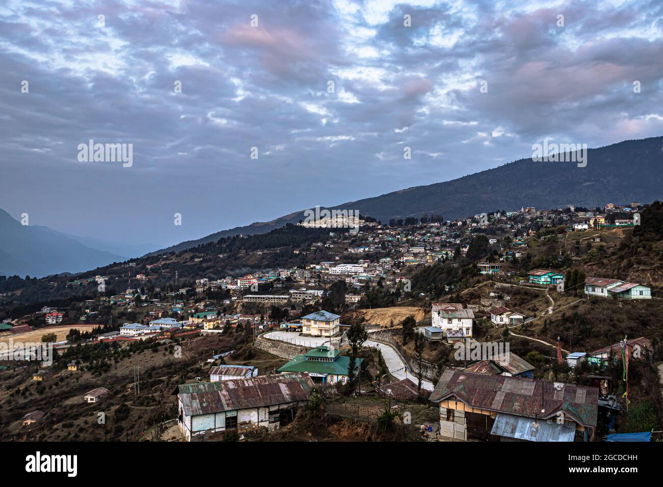 tawang city view from mountain top at dawn from flat angle image is ...