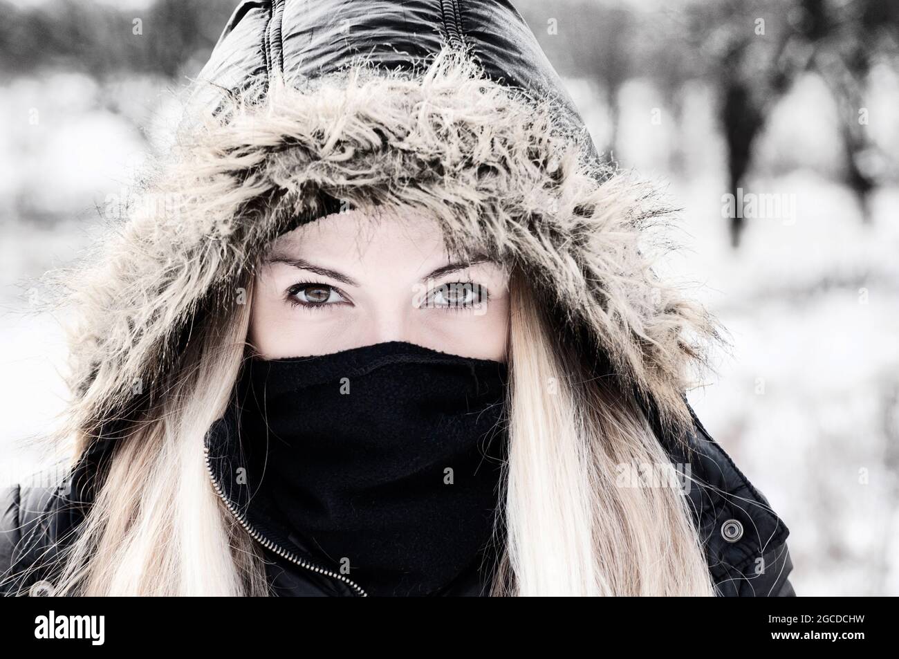 Beautiful young woman wearing a hooded jacket and scarf over her face ...
