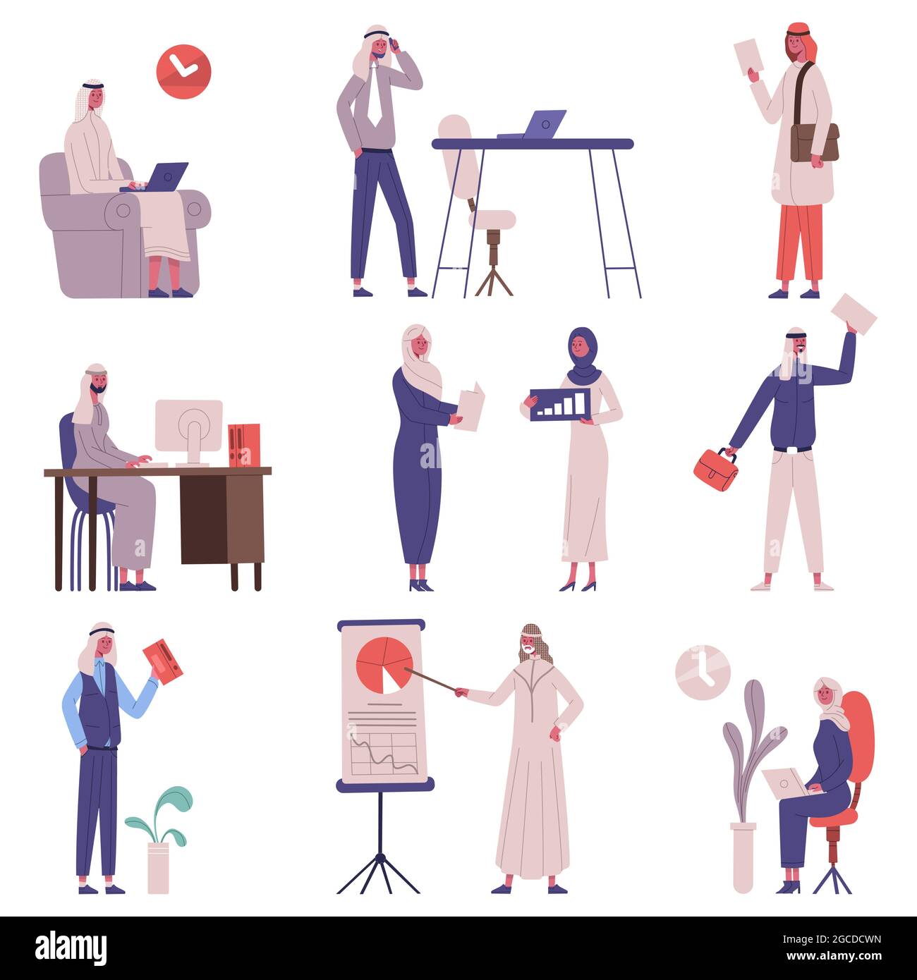 Arabian Saudi islamic office business team people. Muslim man and woman ...