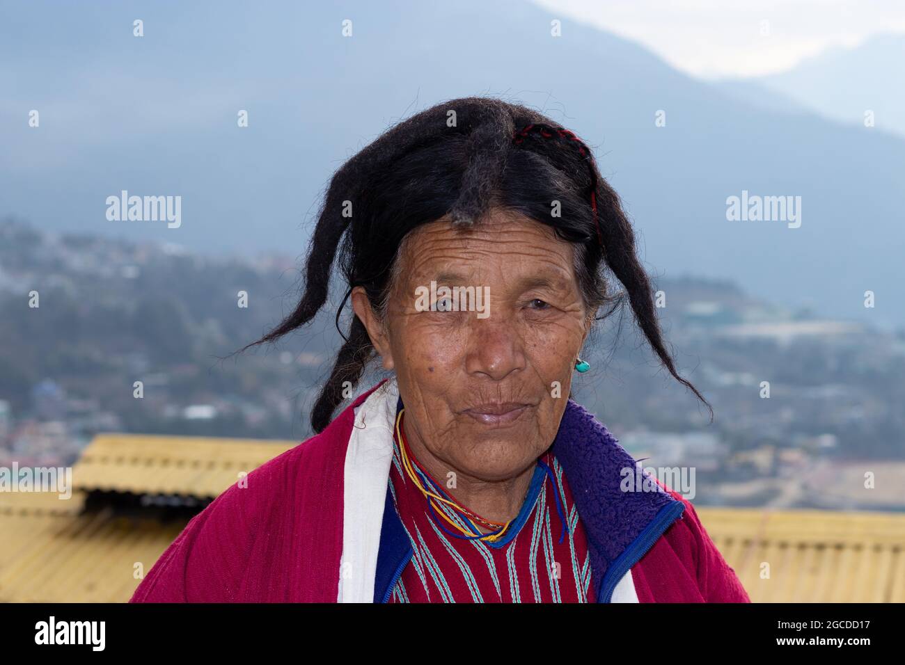 monpa tribe old lady in authentic traditional dress portraits close up ...