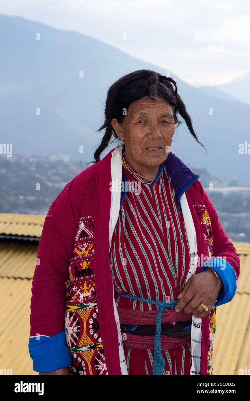 monpa tribe old lady in authentic traditional dress portraits close up ...