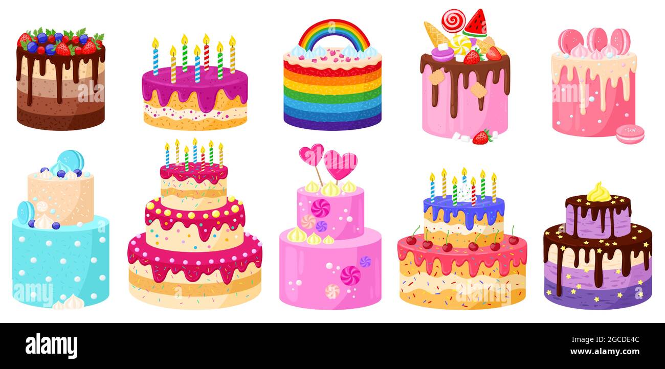 Cartoon Birthday holiday party celebration delicious cakes. Happy ...